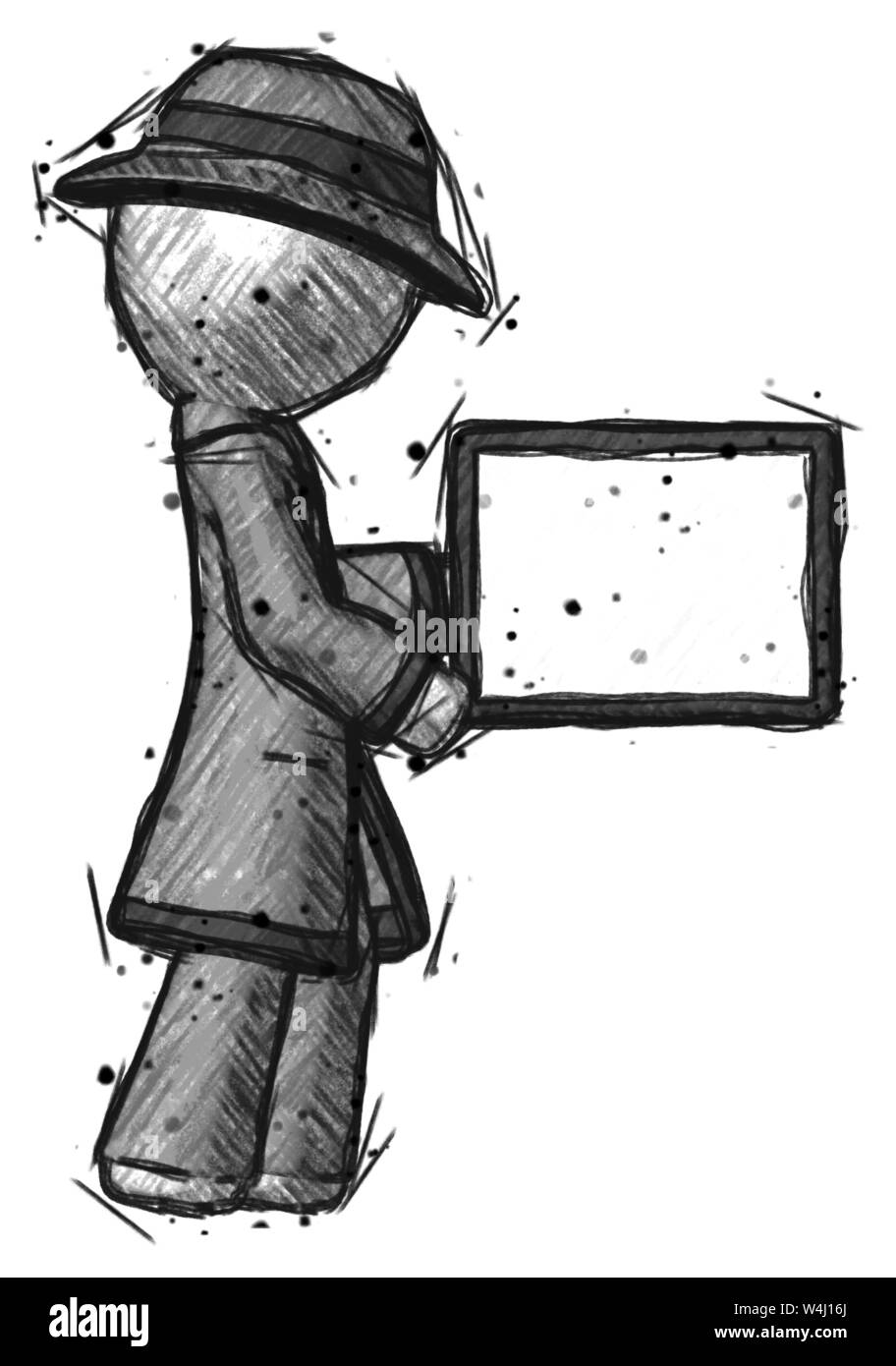 Sketch detective man show tablet device computer to viewer, blank area ...