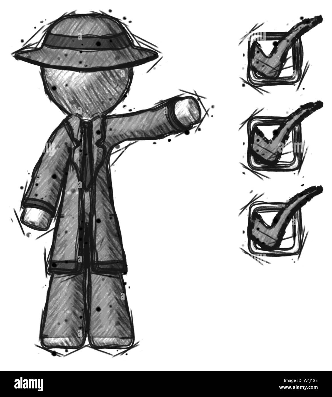 Sketch detective man arm pointing to list of checkmarks Stock Photo - Alamy