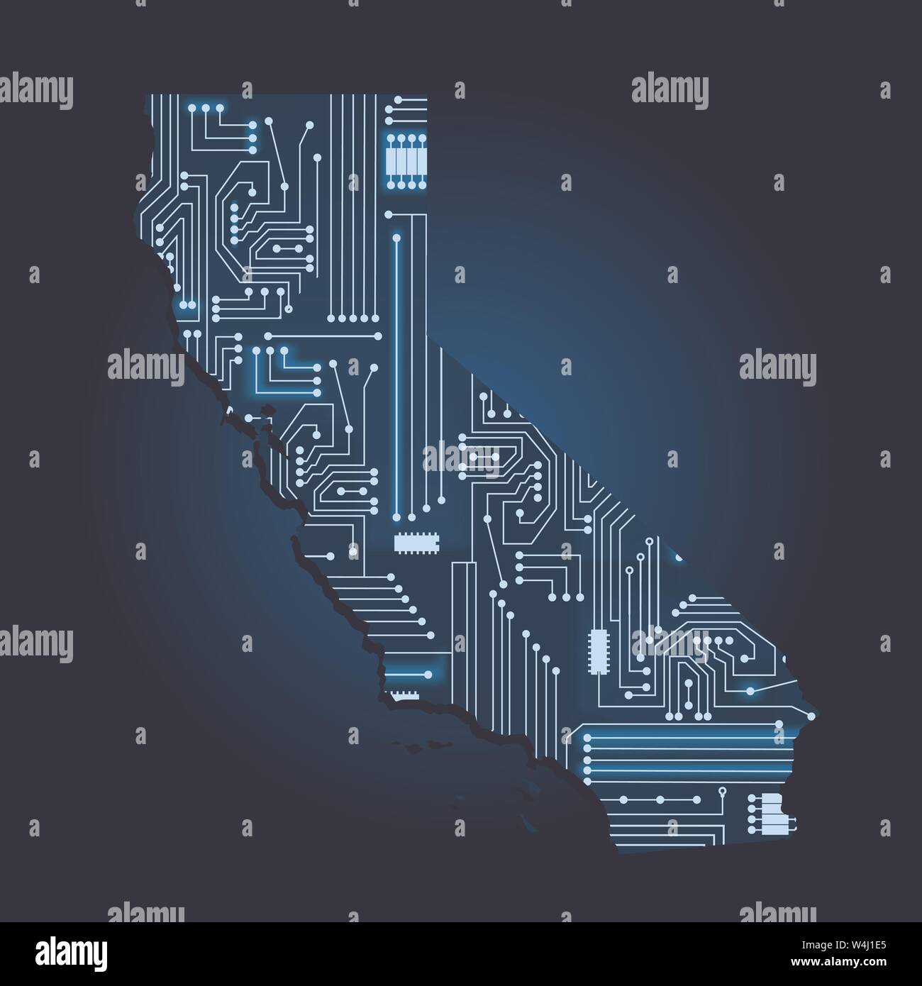 Contour map of California with a technological electronics circuit. USA ...