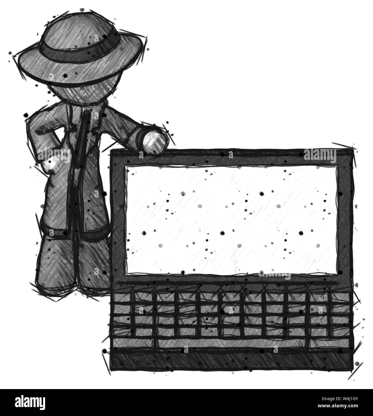 Sketch detective man beside large laptop computer, leaning against it ...