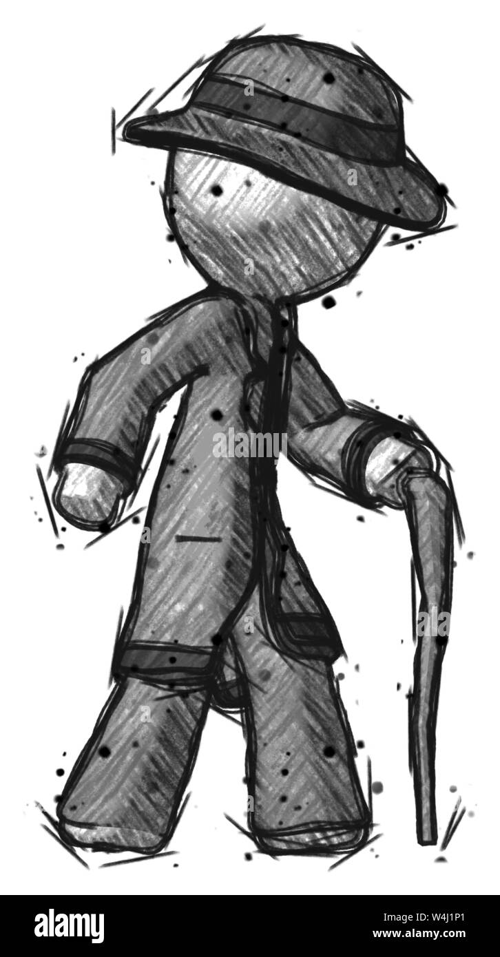 Sketch detective man walking with hiking stick Stock Photo - Alamy