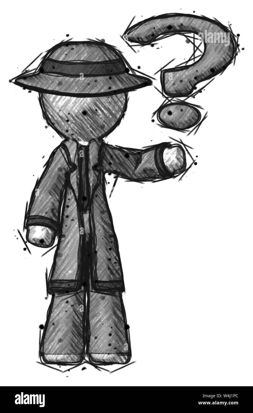 Sketch detective man holding question mark to right Stock Photo - Alamy