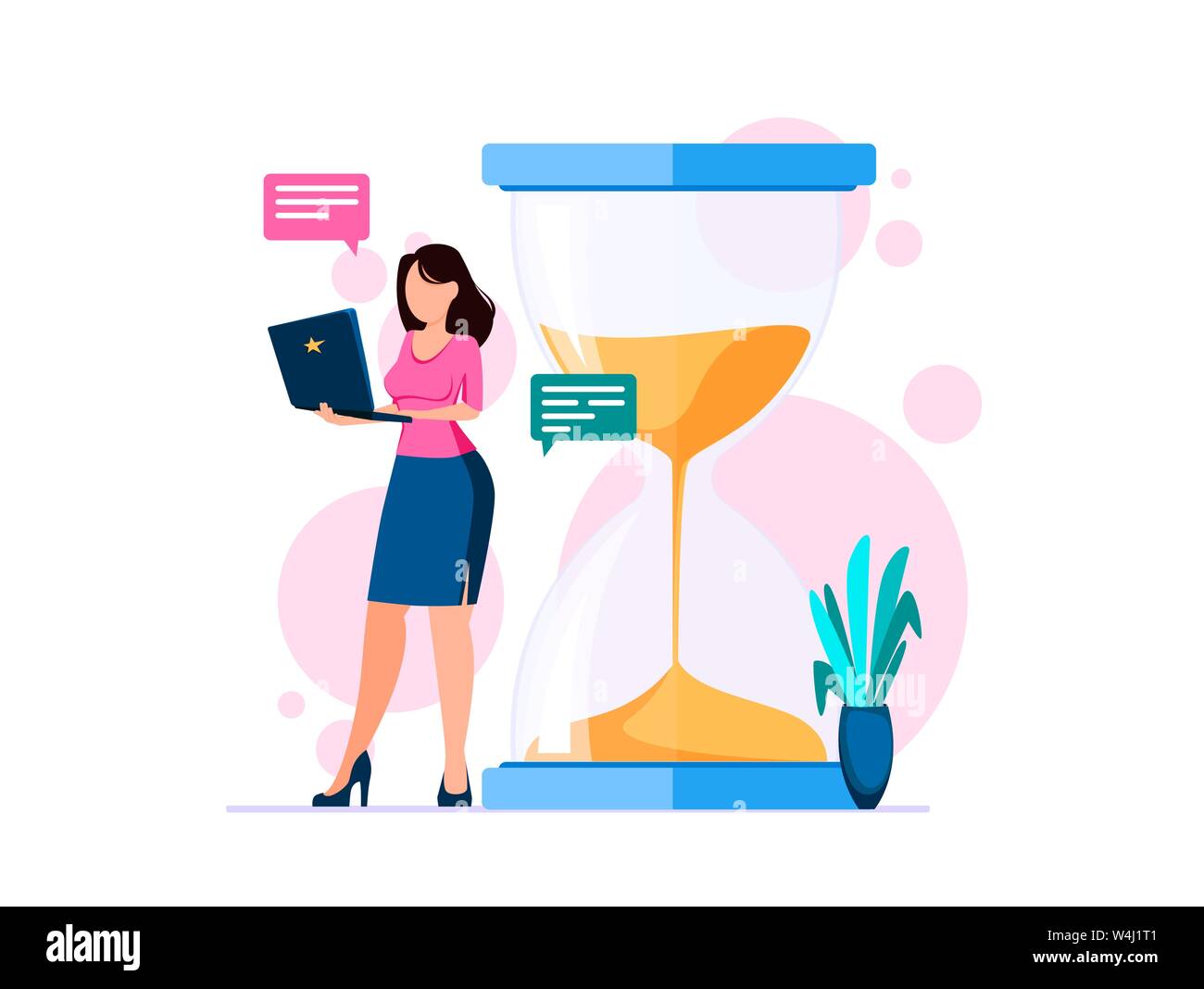 Time management concept. Woman with notebook stands near big hourglass ...