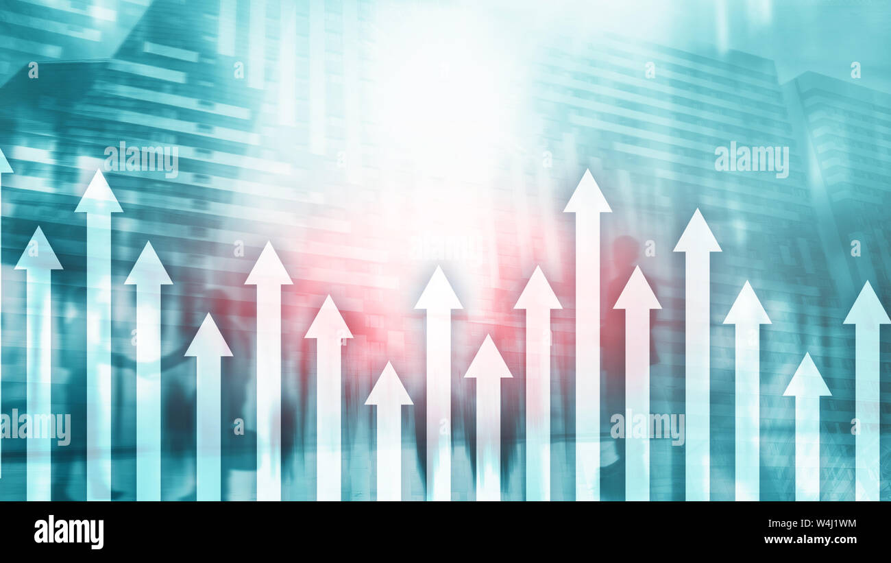 Up arrow graph on skyscraper background. Invesment and financial growth ...