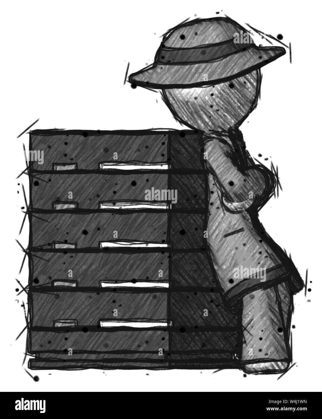 Sketch detective man resting against server rack viewed at angle Stock ...