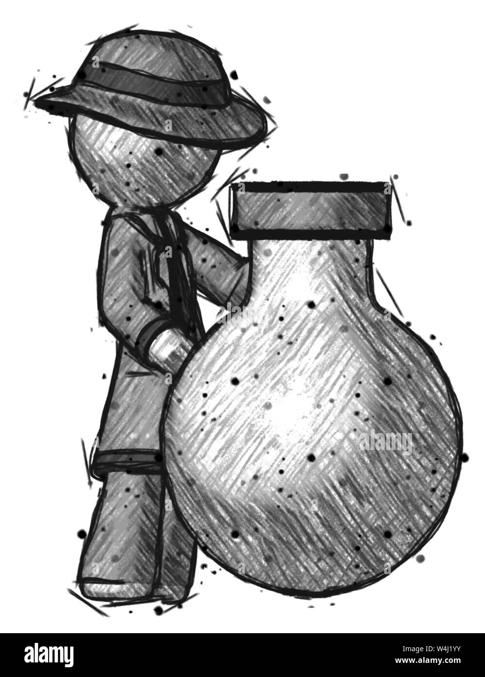 Sketch detective man standing beside large round flask or beaker Stock ...
