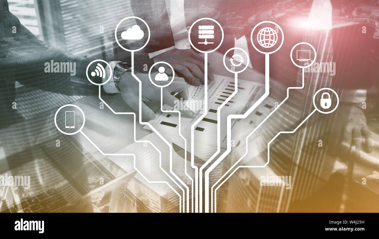 Telecommunication and IOT concept on blurred business center background ...