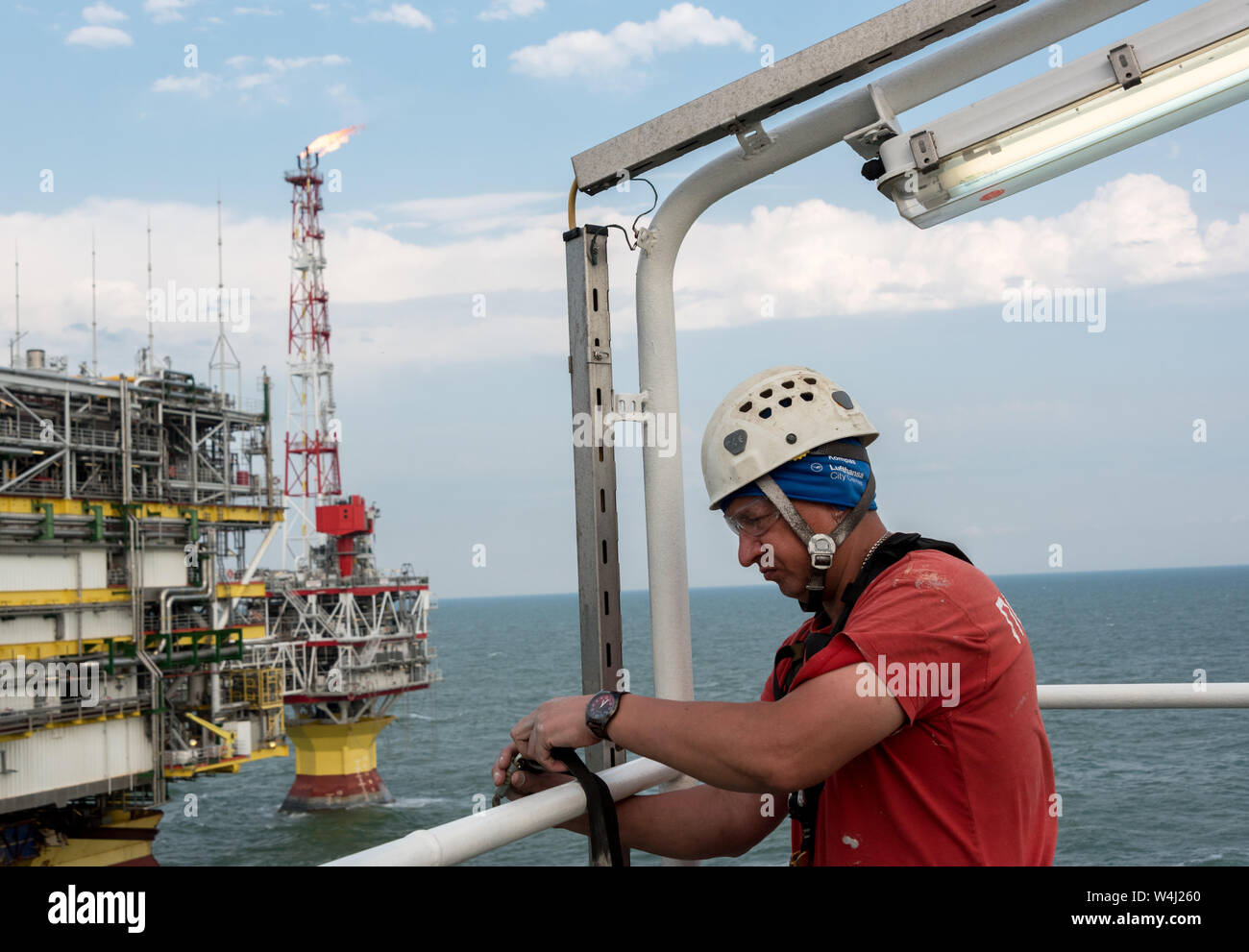 Oil production platform (oil rig) of the V. Filanovsky oil field on the ...