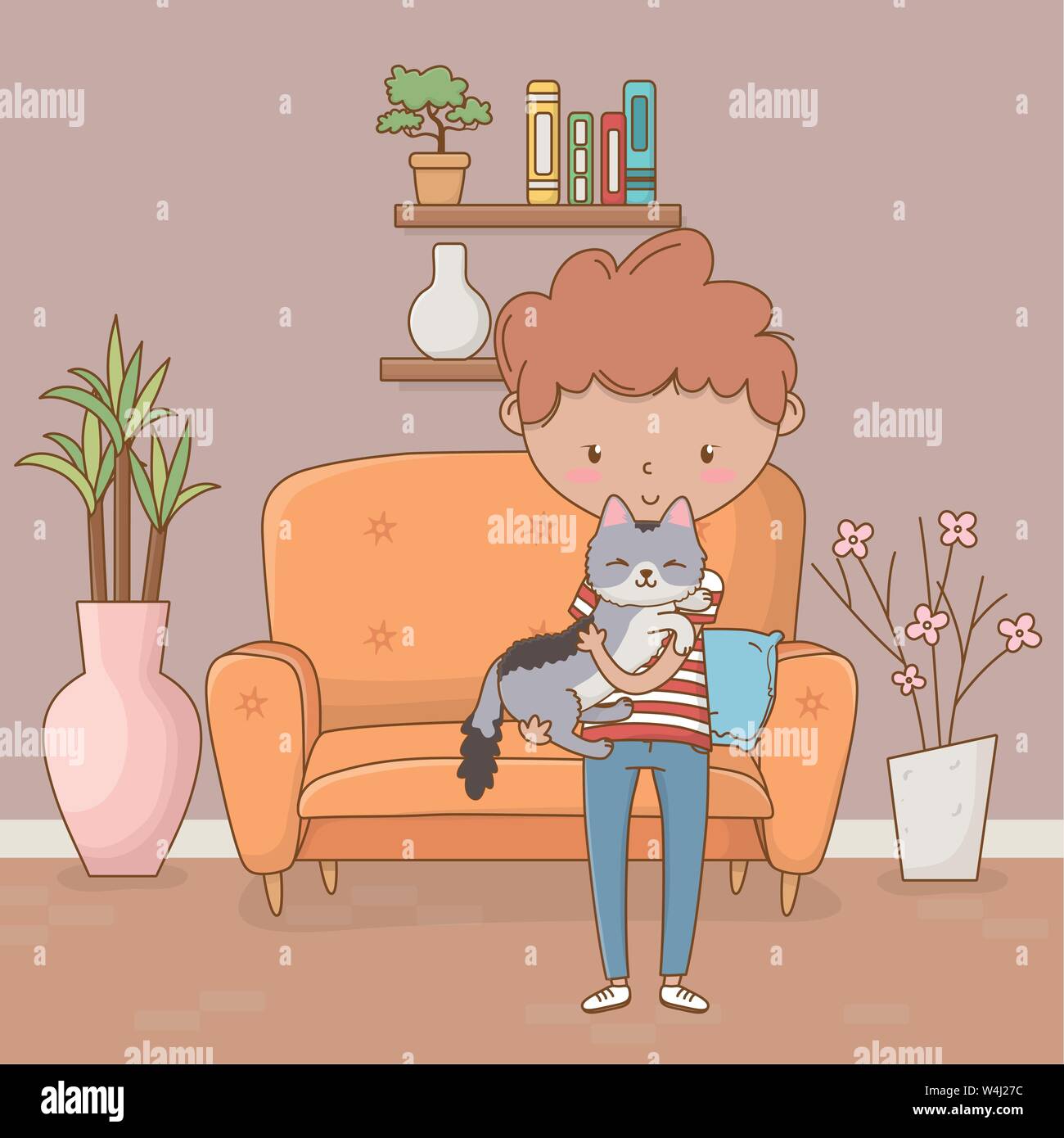 Boy with cat cartoon design, Mascot pet animal domestic cute life ...