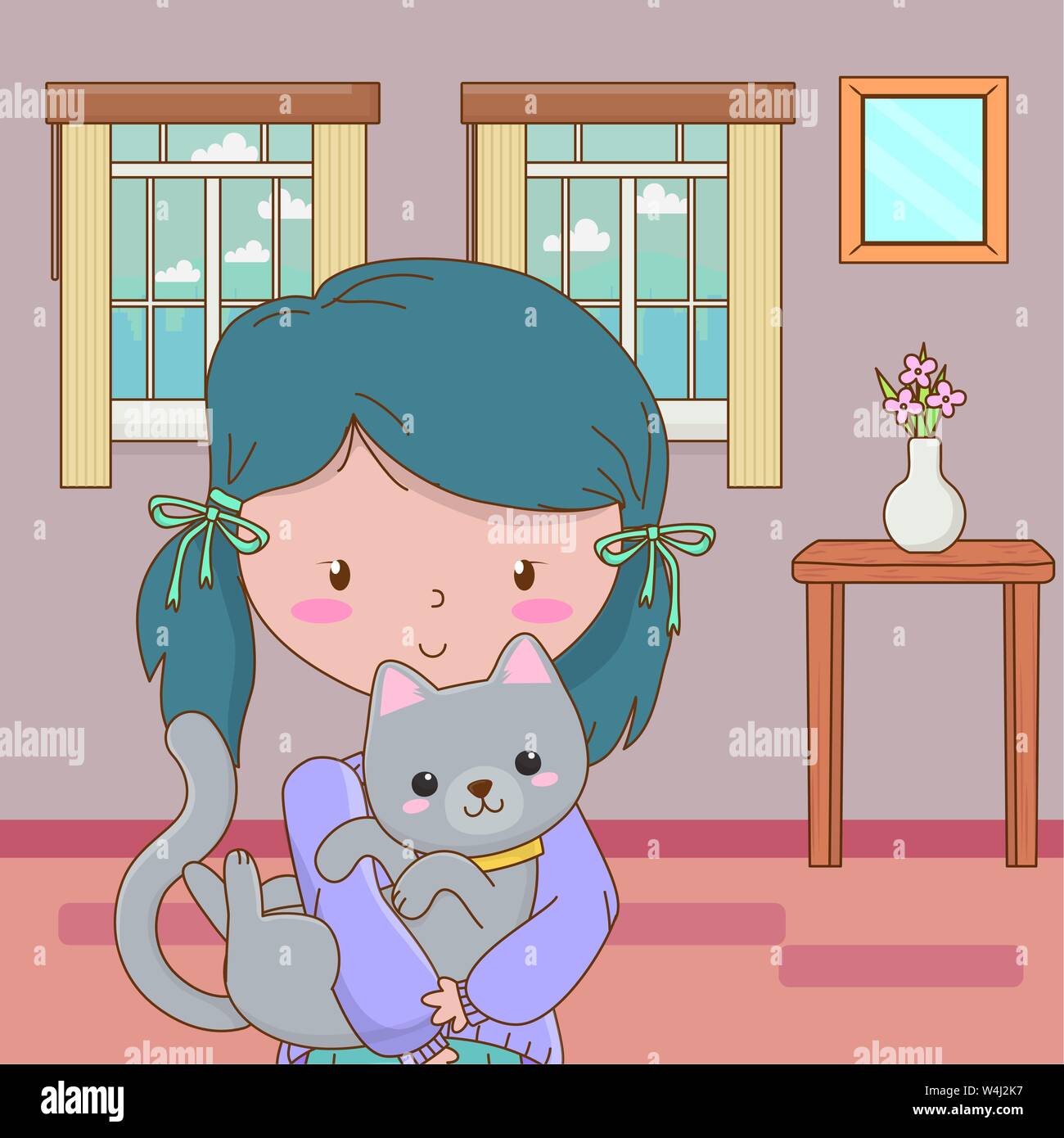 Girl with cat cartoon design, Mascot pet animal domestic cute life ...