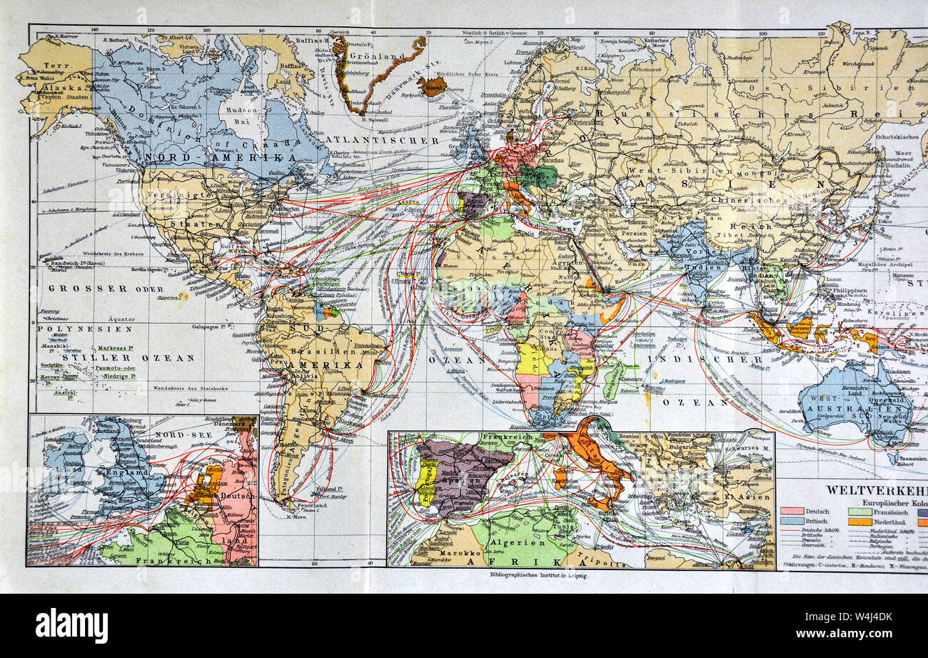 1900 Meyer World Map showing International Steamer Routes Stock Photo ...