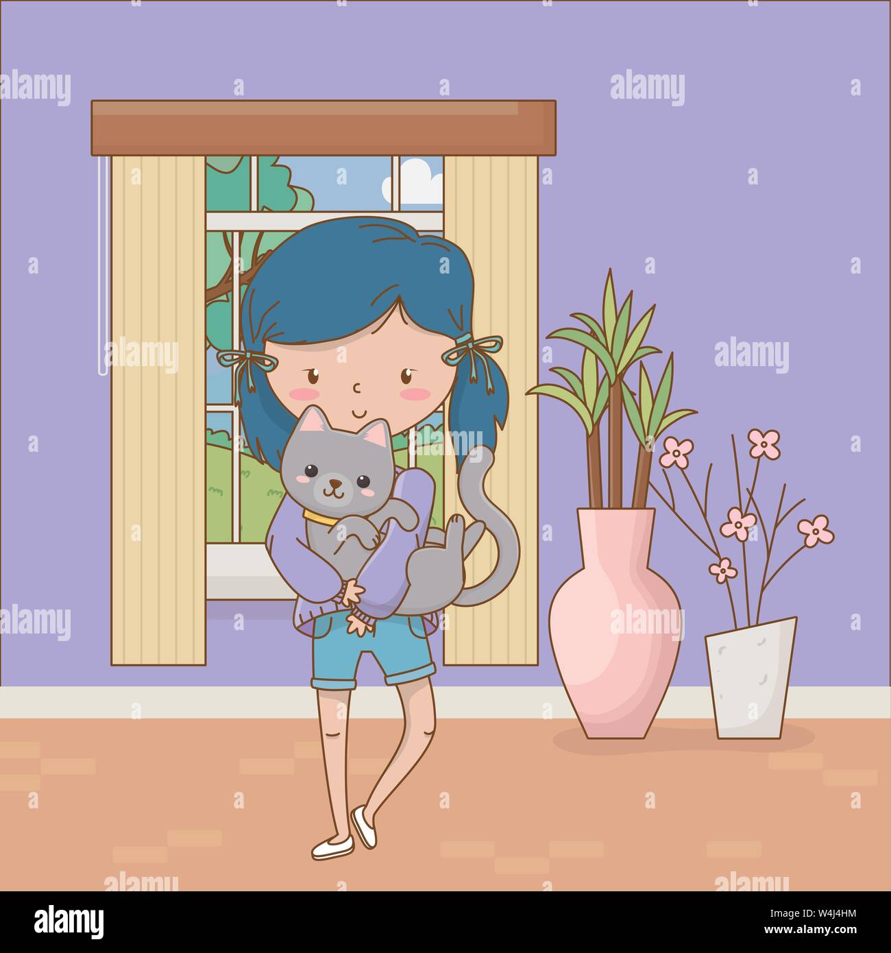 Girl with cat cartoon design, Mascot pet animal domestic cute life ...