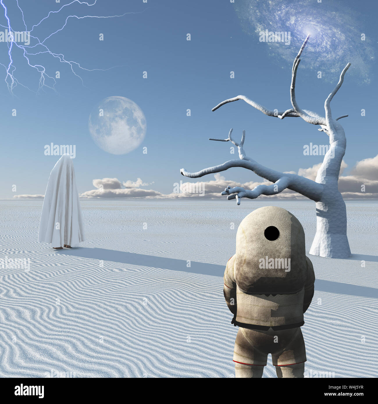 Astronaut stands in surreal white desert. Figure in white clothes Stock ...
