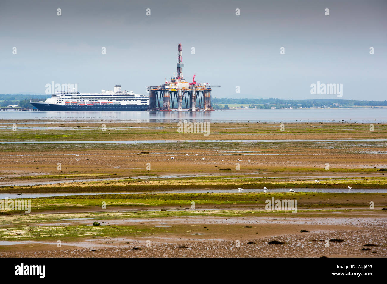 A cruise ship and an oil rigg in the Cromarty Firth, Scotland, UK Stock ...