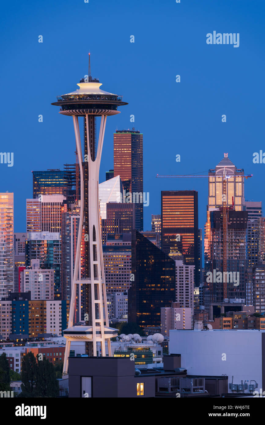 The Seattle Skyline seen from Kerry Park with reflections of the orange ...