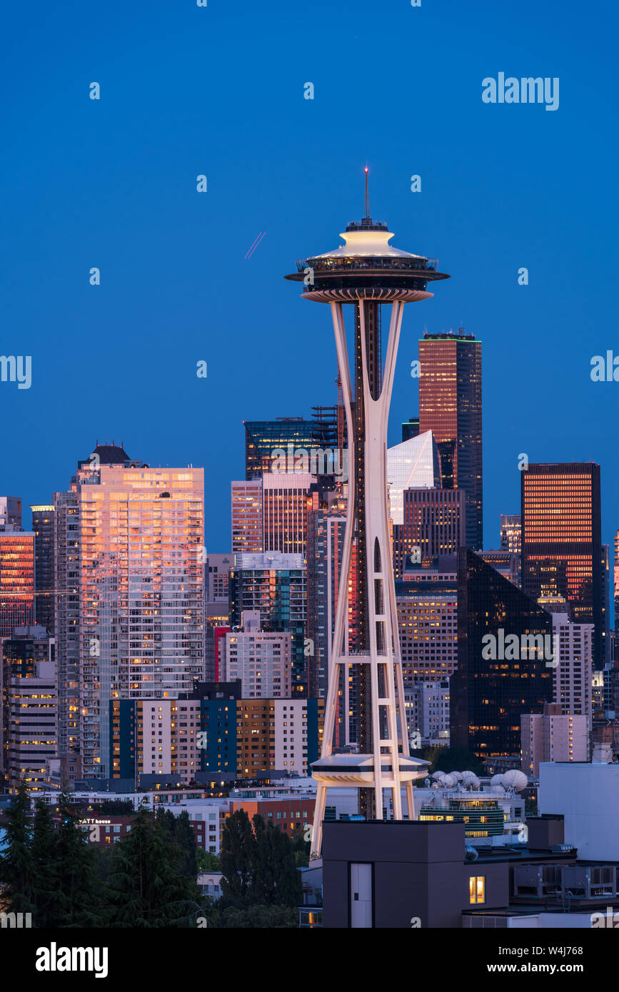 The Seattle Skyline seen from Kerry Park with reflections of the orange ...