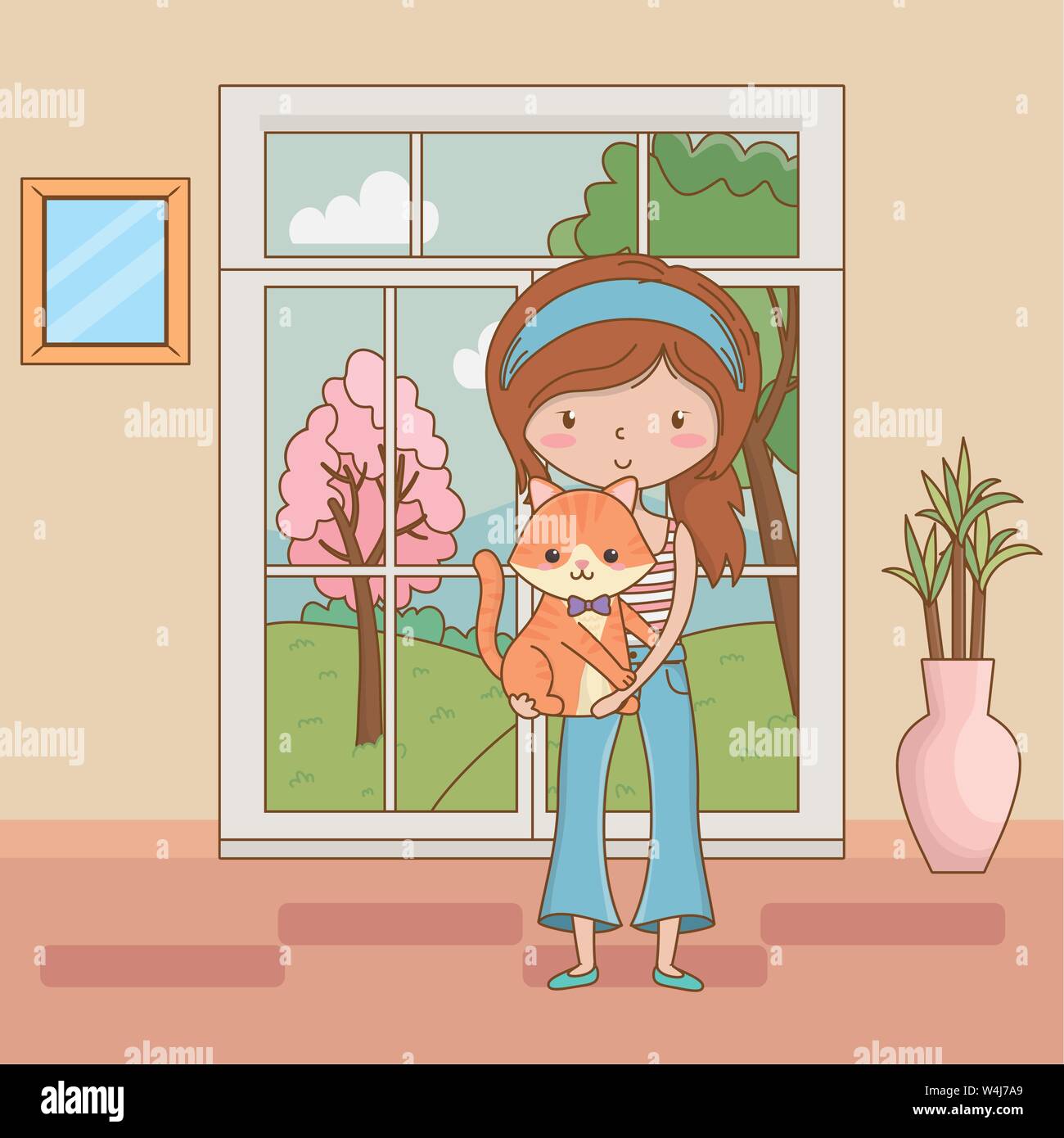 Girl with cat cartoon design, Mascot pet animal domestic cute life ...