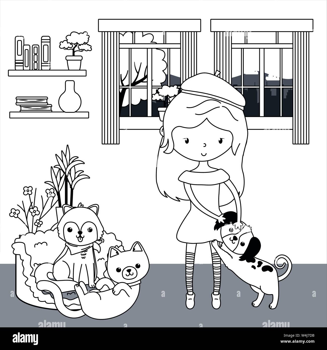 Girl with cat and dogs cartoons design, Mascot pet animal domestic cute ...