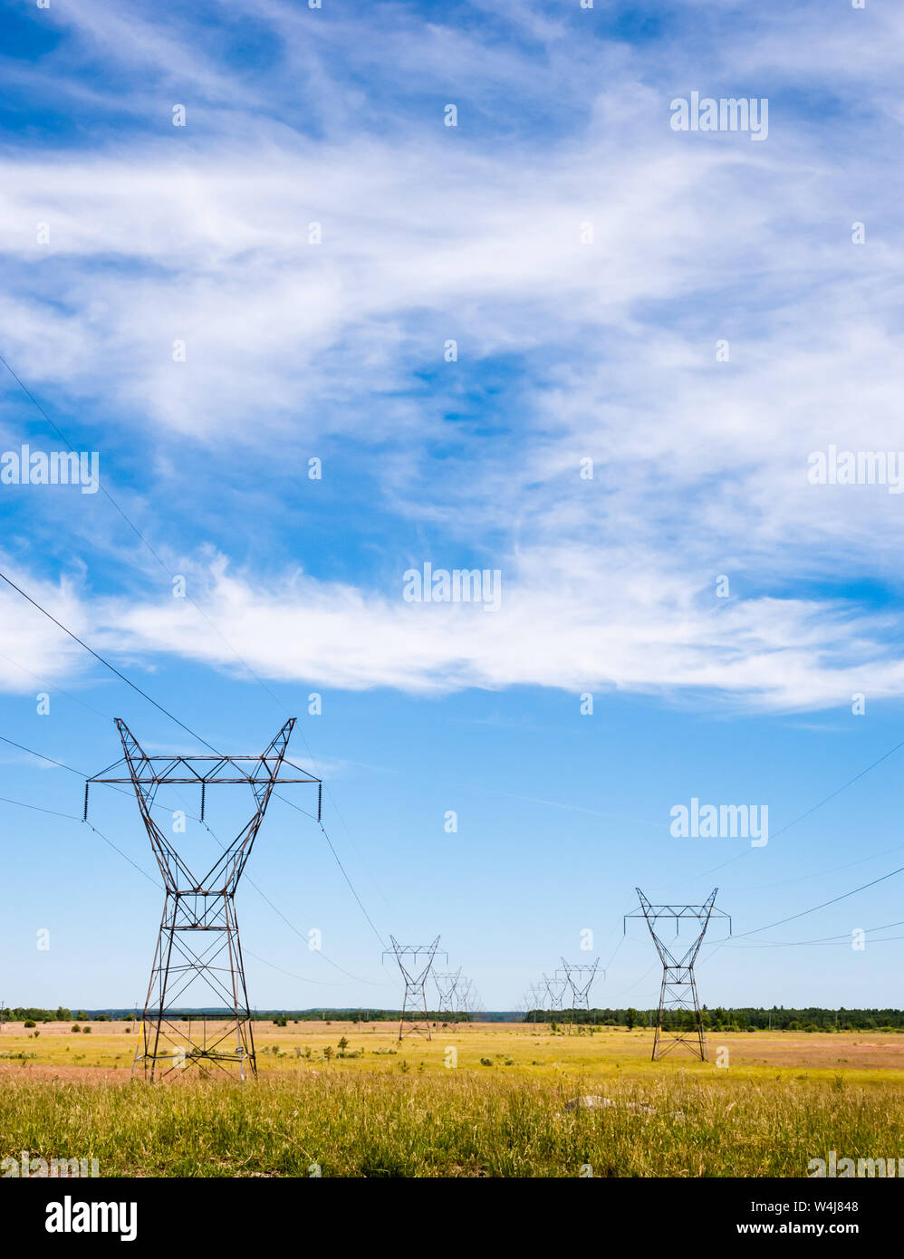 Large electrical transmission towers and power lines receding into ...