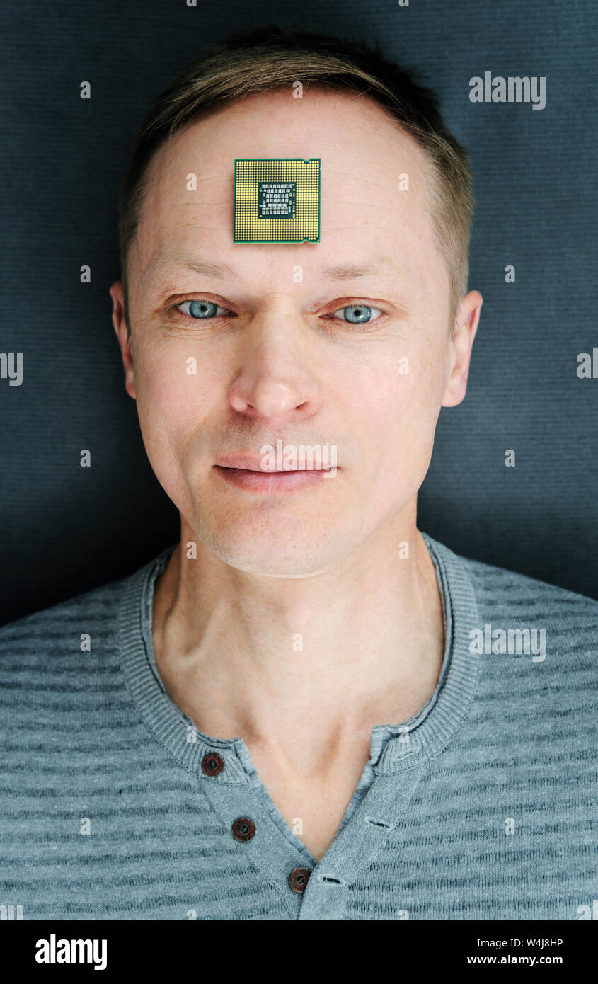 The man wiht a CPU. The processor is on the man's forehead Stock Photo ...