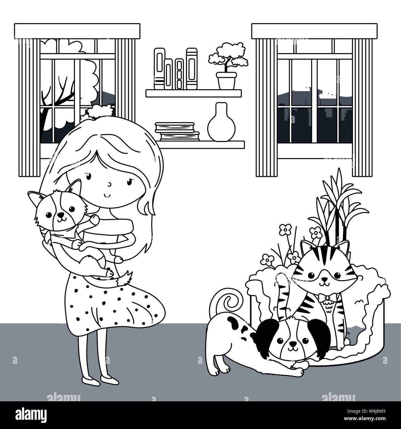 Girl with cat and dogs cartoons design, Mascot pet animal domestic cute ...