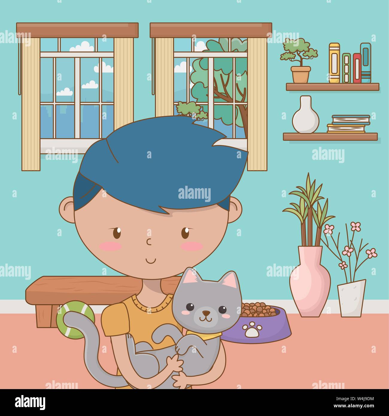 Boy with cat cartoon design, Mascot pet animal domestic cute life ...