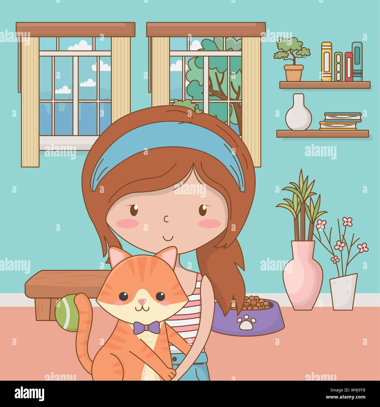 Girl with cat cartoon design, Mascot pet animal domestic cute life ...