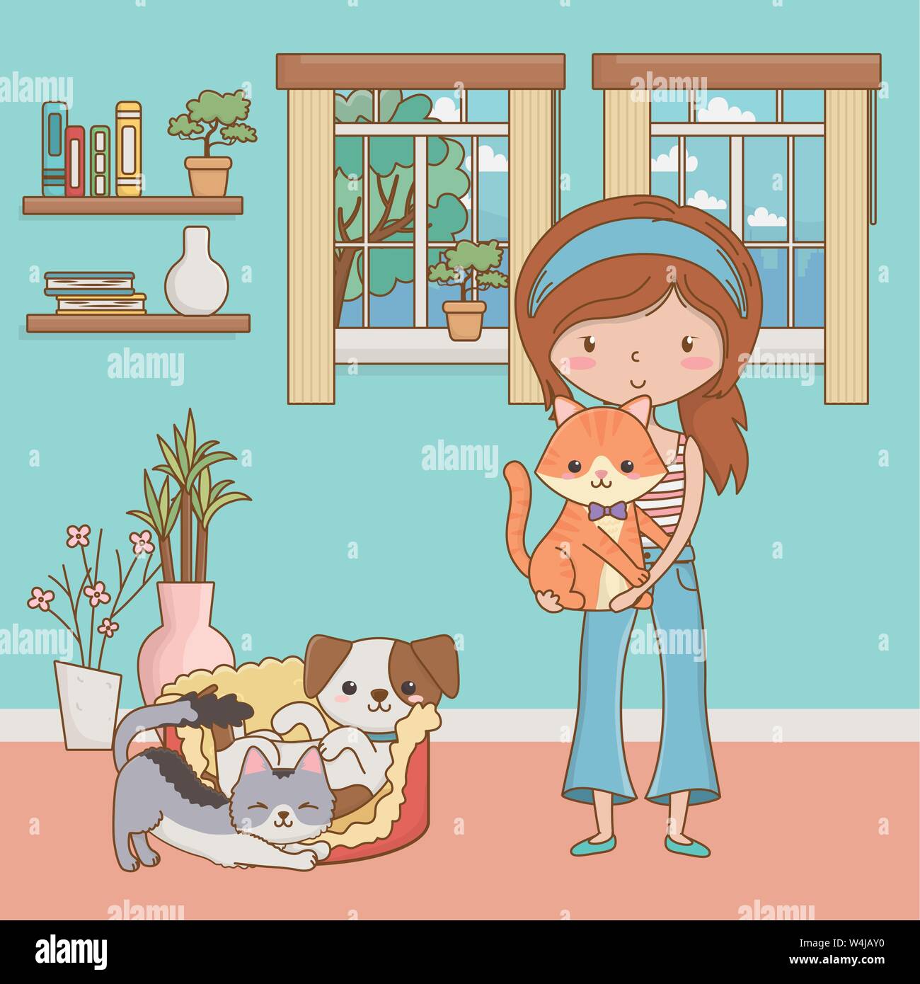Girl with cats and dog cartoon design, Mascot pet animal domestic cute ...