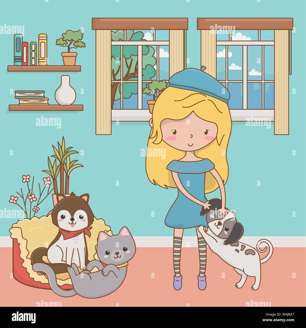 Girl with cat and dogs cartoons design, Mascot pet animal domestic cute ...