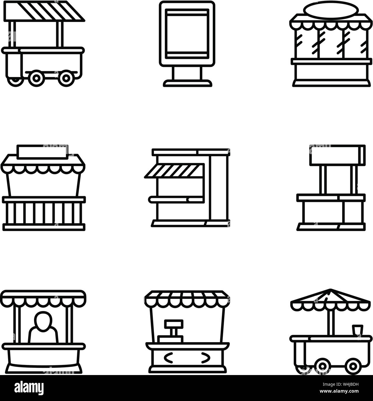 Street market icon set. Outline set of 9 street market vector icons for ...