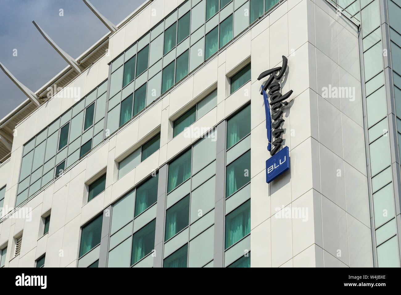 CARDIFF, WALES - JULY 2019: Logo on the exterior of the Radisson Blu ...