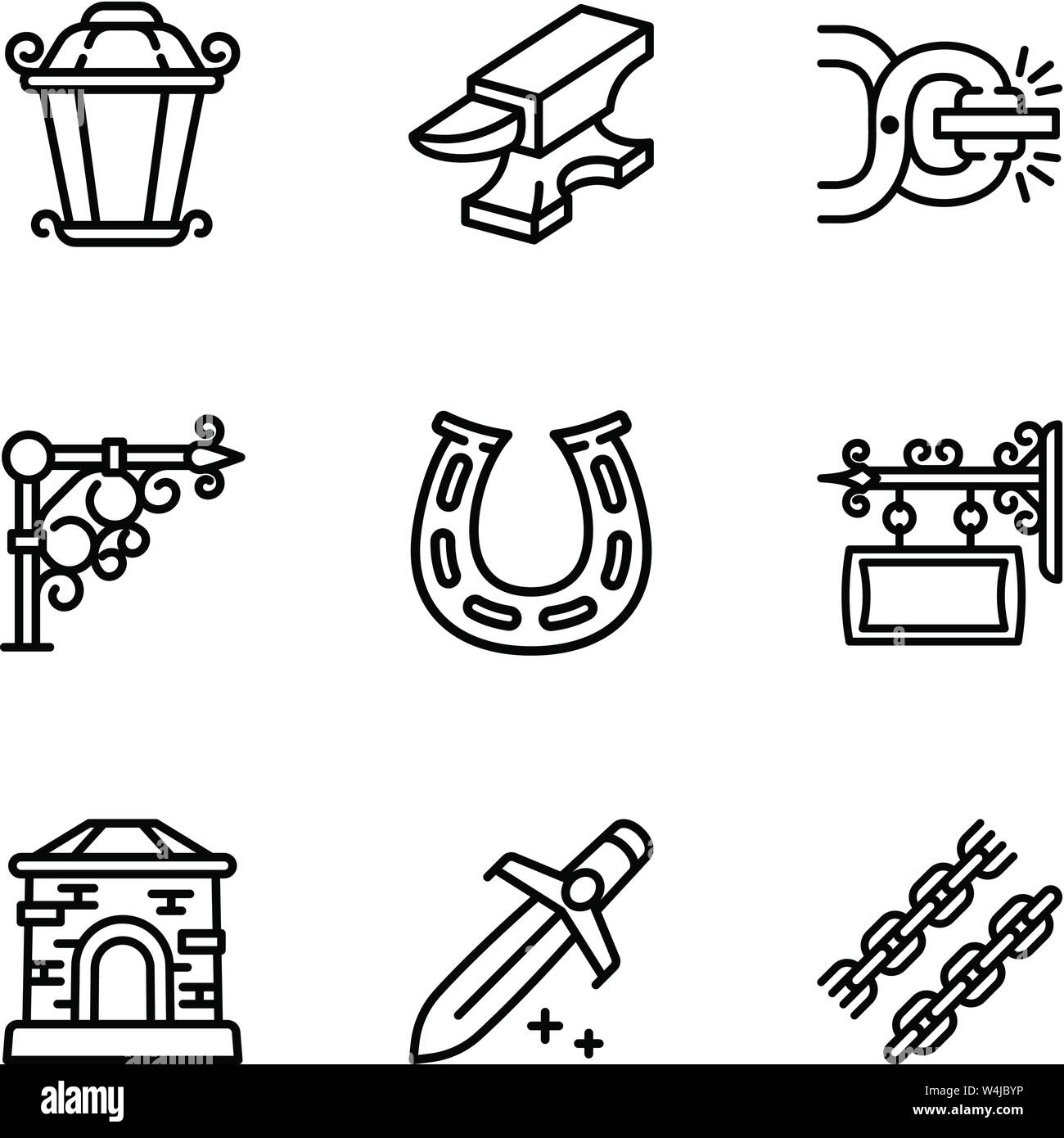 Blacksmith icon set. Outline set of 9 blacksmith vector icons for web ...