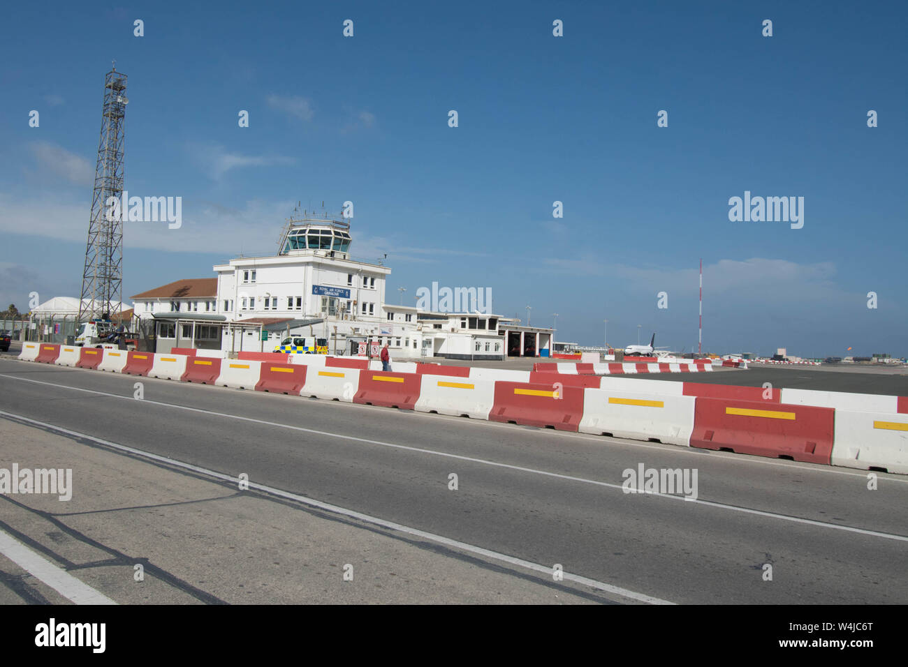 Gibraltar Airport control tower and runway terminal building outside ...