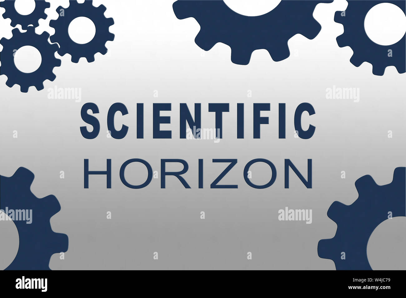 SCIENTIFIC HORIZON sign concept illustration with dark blue gear wheel ...