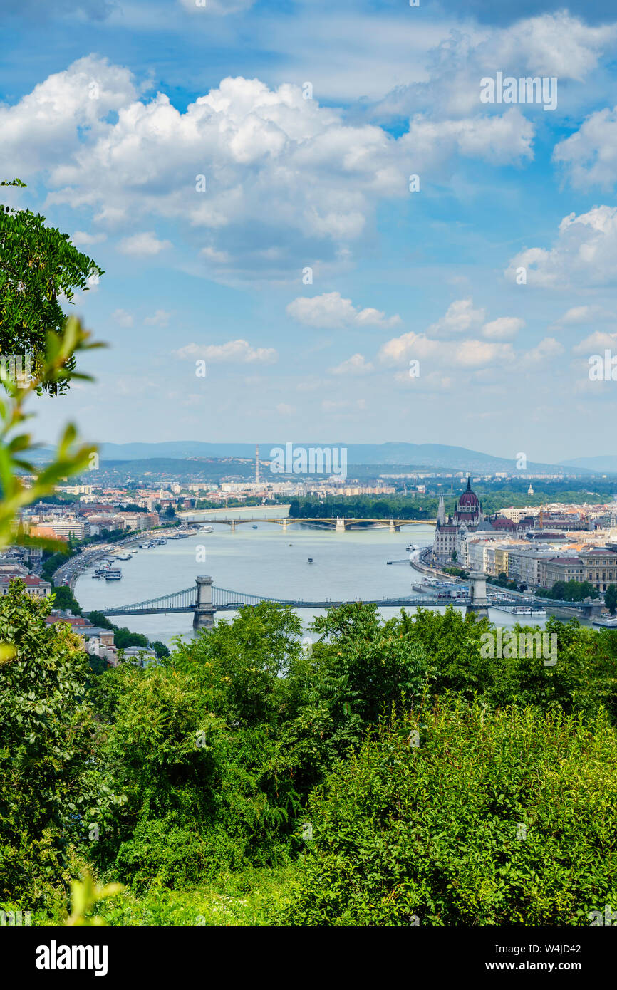 Panorama of Budapest over the Danube river. The bridges destroyed in ...