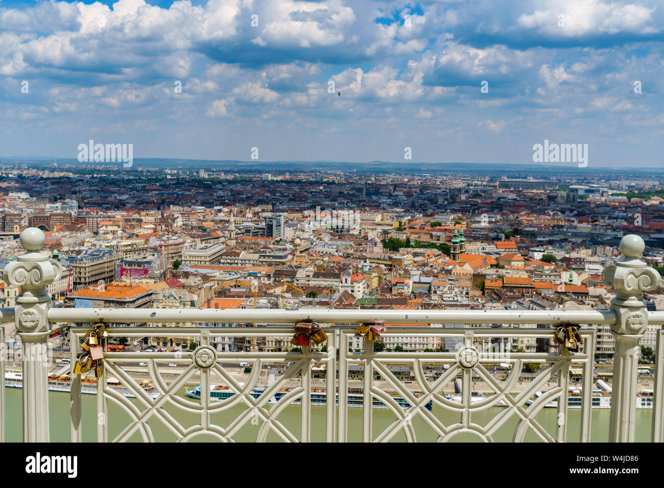 Panorama of Budapest over the Danube river. The bridges destroyed in ...