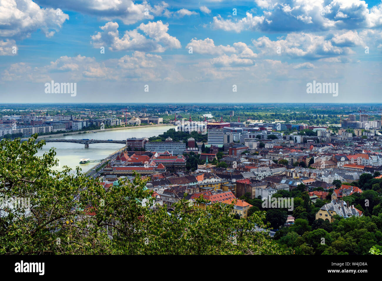 Panorama of Budapest over the Danube river. The bridges destroyed in ...