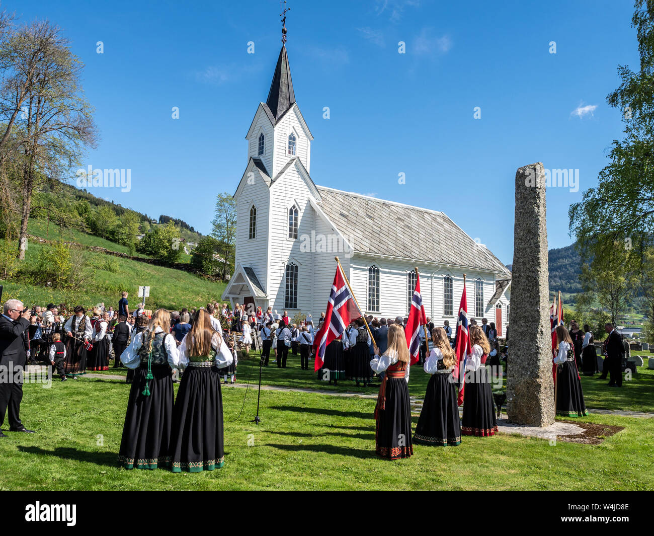 Celebration of the norwegian national day, village Hafslo at lake ...