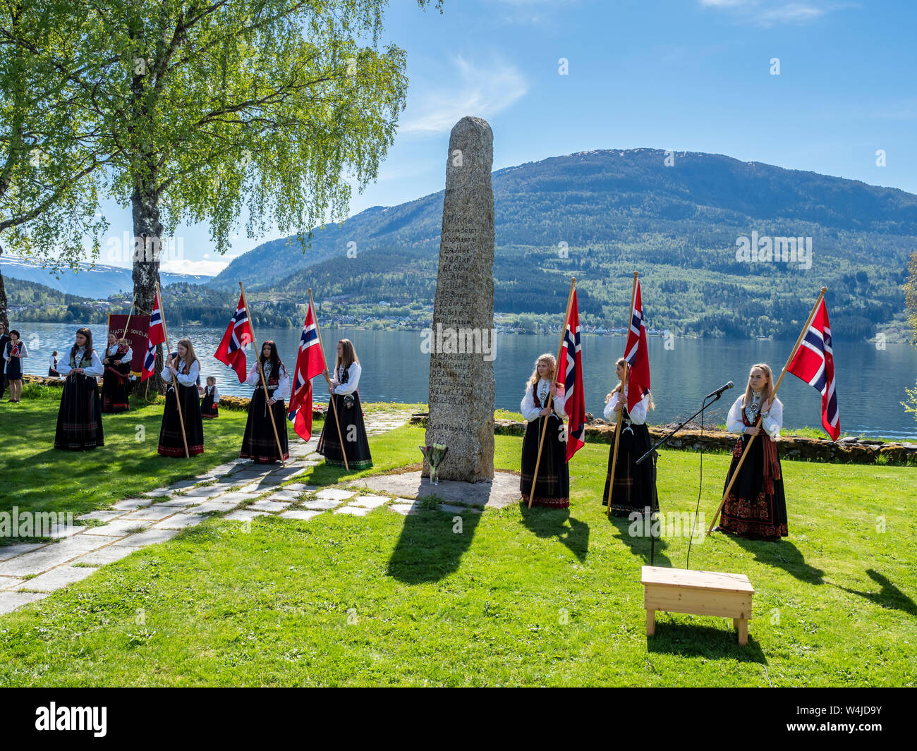 Celebration of the norwegian national day, village Hafslo at lake ...