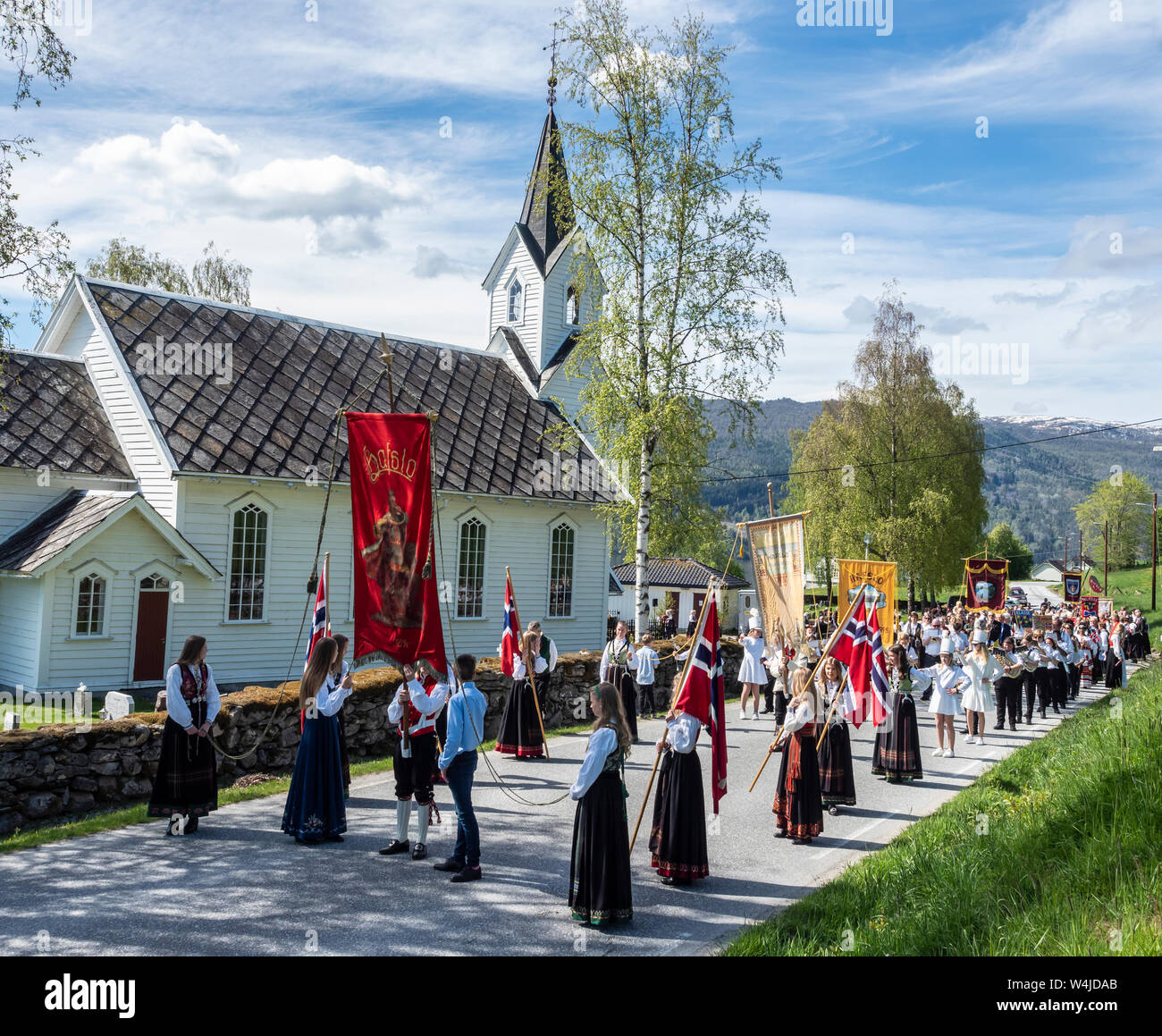 Celebration of the norwegian national day, village Hafslo at lake ...