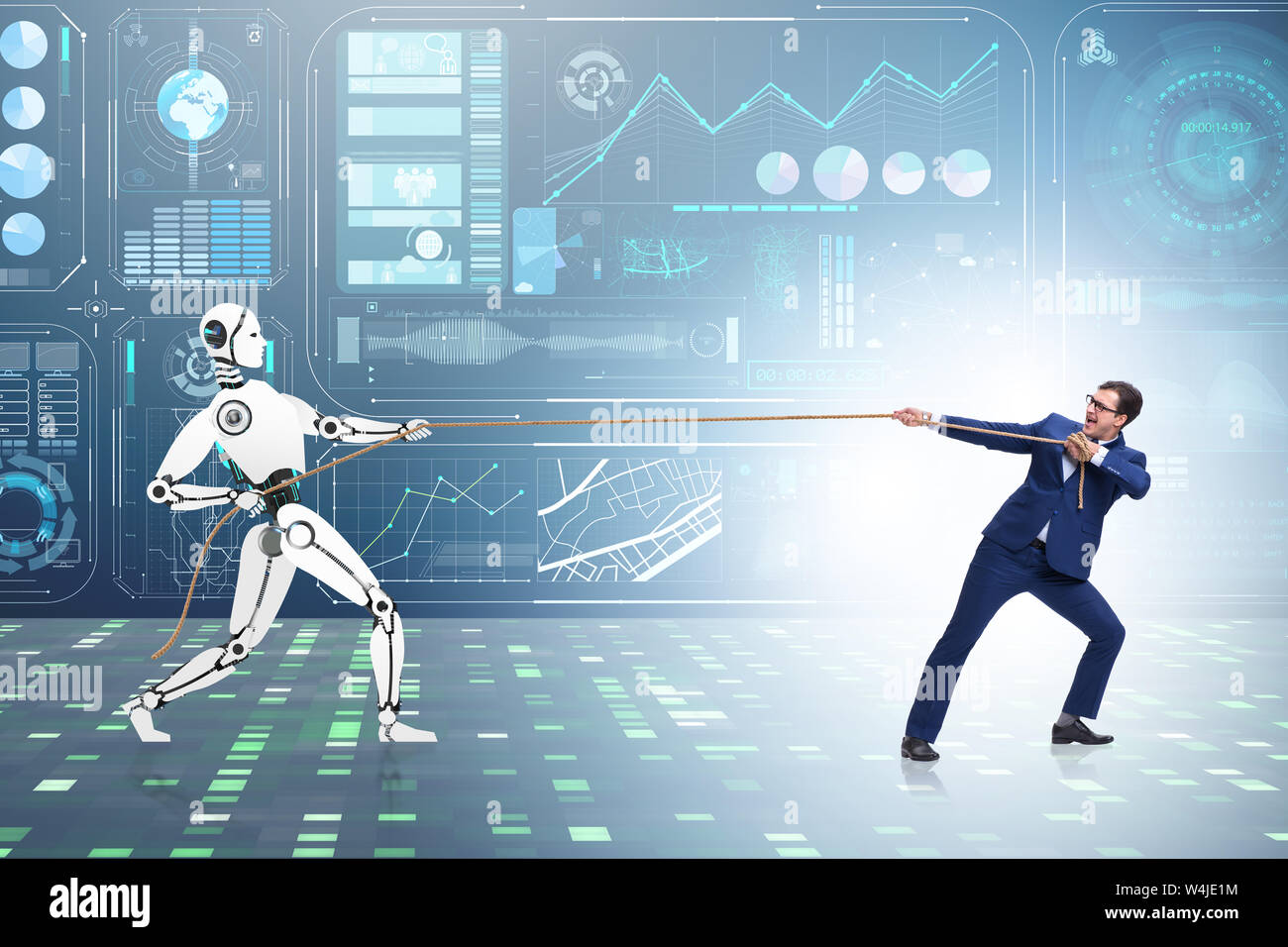 Competition between humans and robots in tug of war concept Stock Photo ...