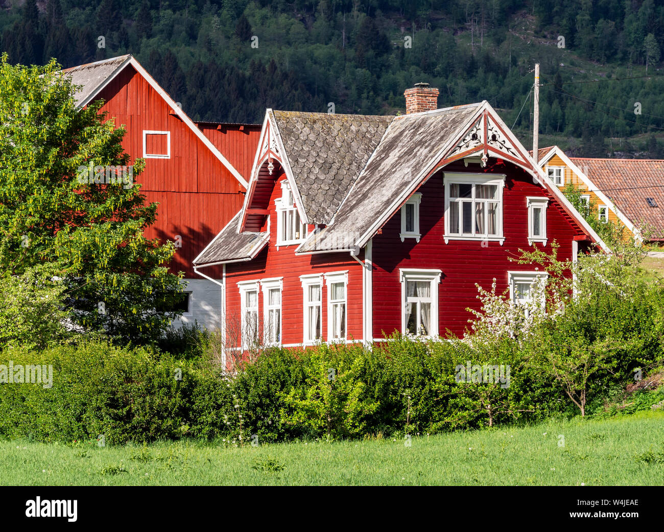 Traditional red wooden house, Nordfjord, white decorations, Norway ...