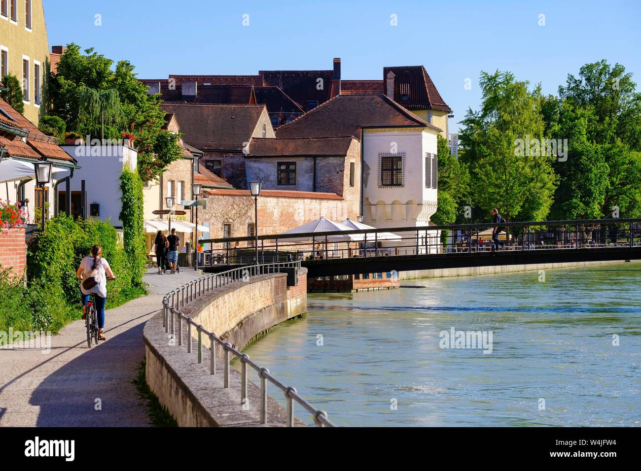 Isar promenade and Landsteg over the Isar, Landshut, Lower Bavaria ...