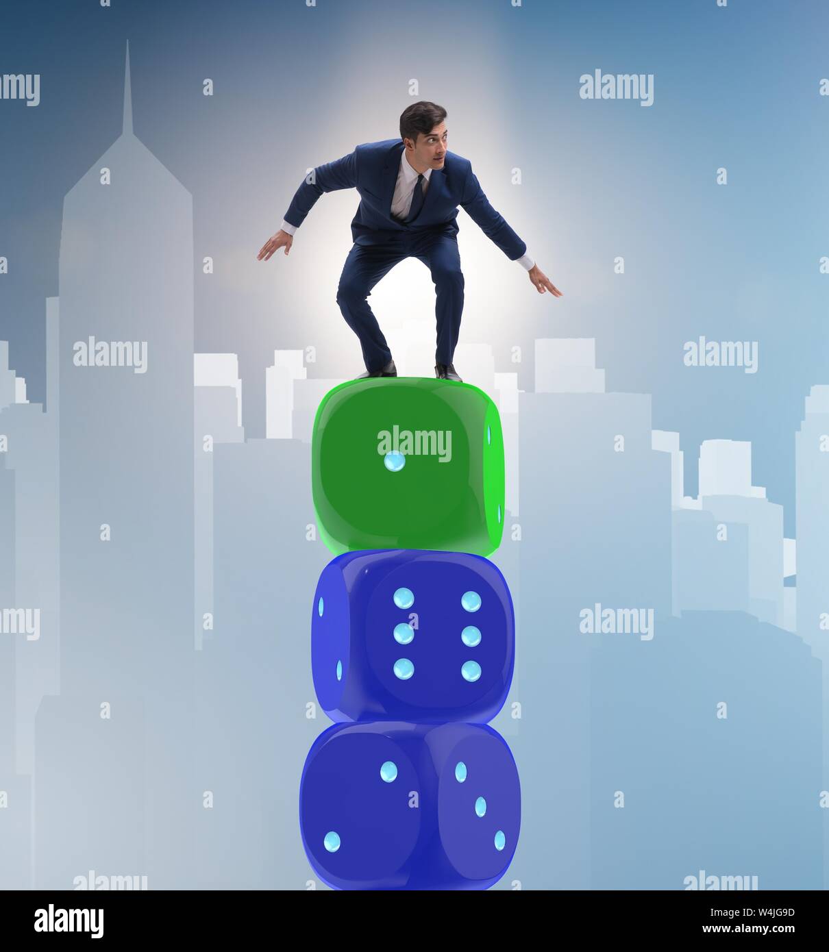 Businessman balancing on top of dice stack in uncertainty concept Stock ...