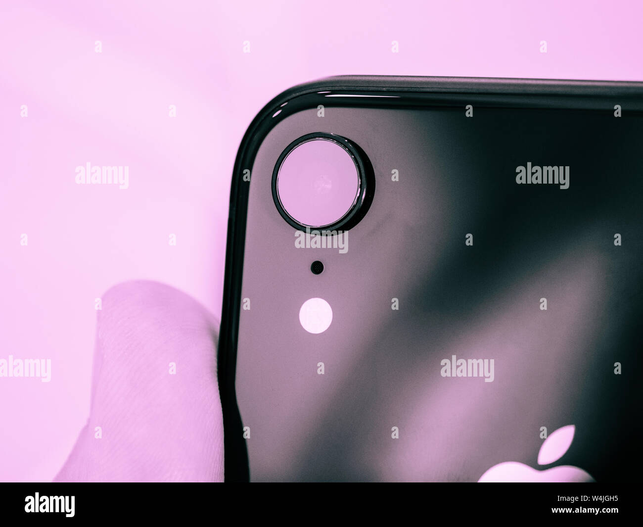 Paris France - Oct 26 2018: Man hand holding latest iPhone XR featuring ...