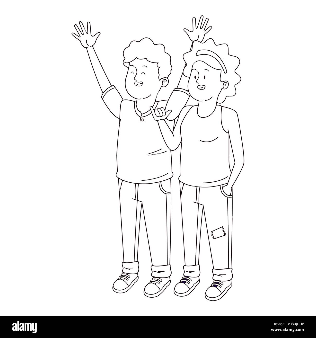 Teenagers friends smiling and greeting in black and white Stock Vector ...