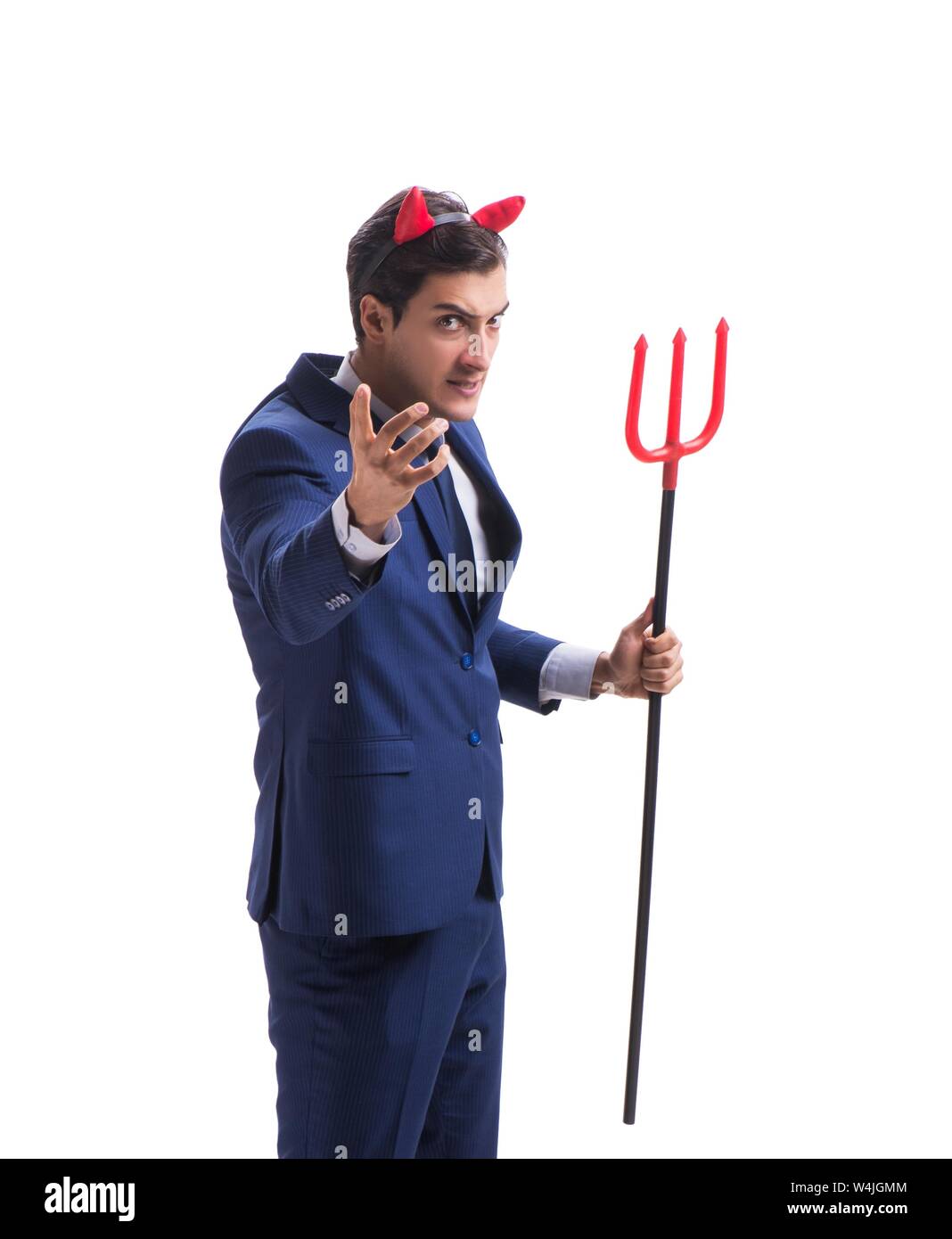 Evil devil businessman with pitchfork isolated on white background ...