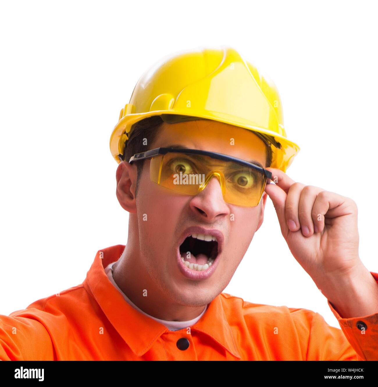 Construction worker wearing hard hat isolated on white Stock Photo - Alamy