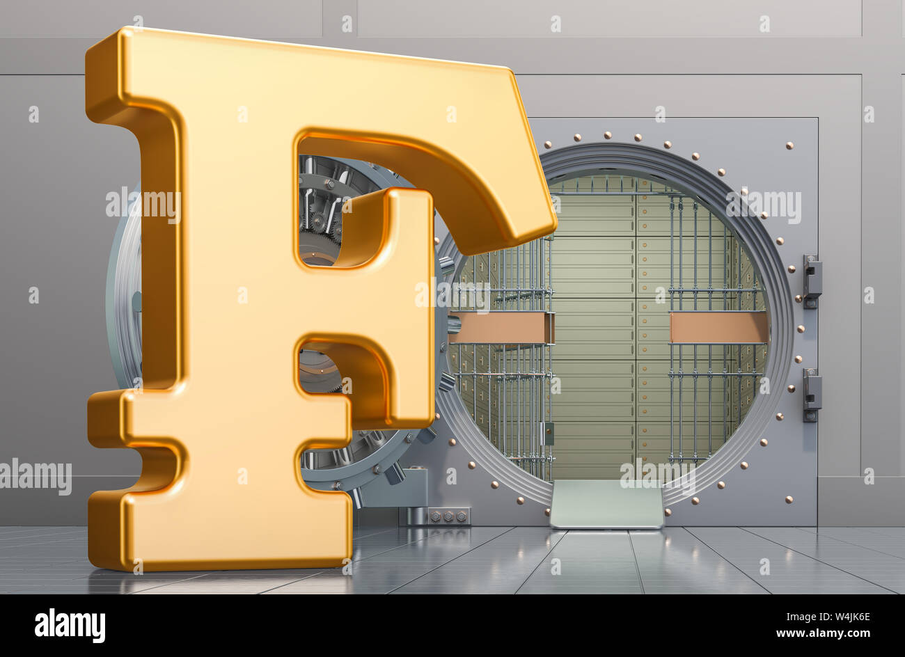 Franc sign with opened bank vault, 3D rendering isolated on white ...