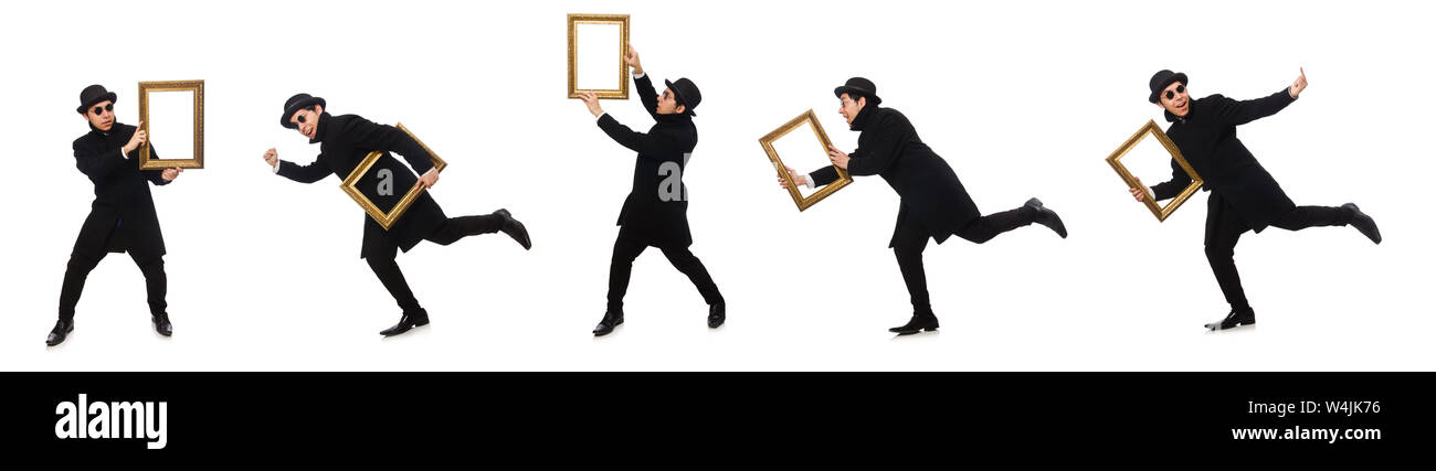The young man holding frame isolated on white Stock Photo - Alamy